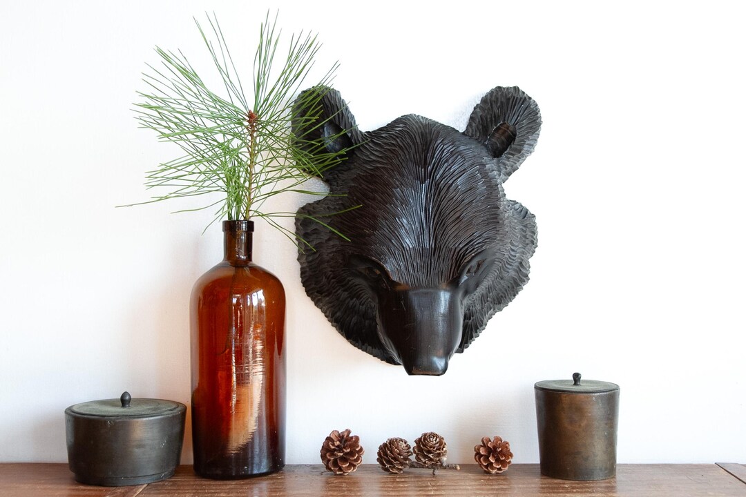Japanese Kibori Kuma Hand Carved Ainu Bear Face, Bear Hanging Decor ...