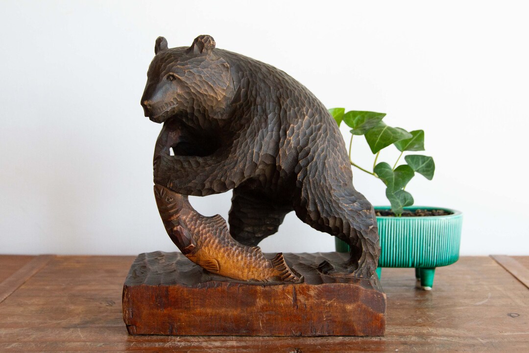 Rare Japanese Kibori Kuma Hand Carved Ainu Bear, Bear and Salmon, Home ...