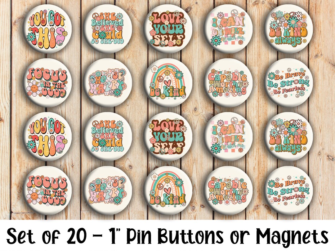 Retro Inspirational Pins - Set of 20 Buttons or Magnets - 1" or 1.25 ...