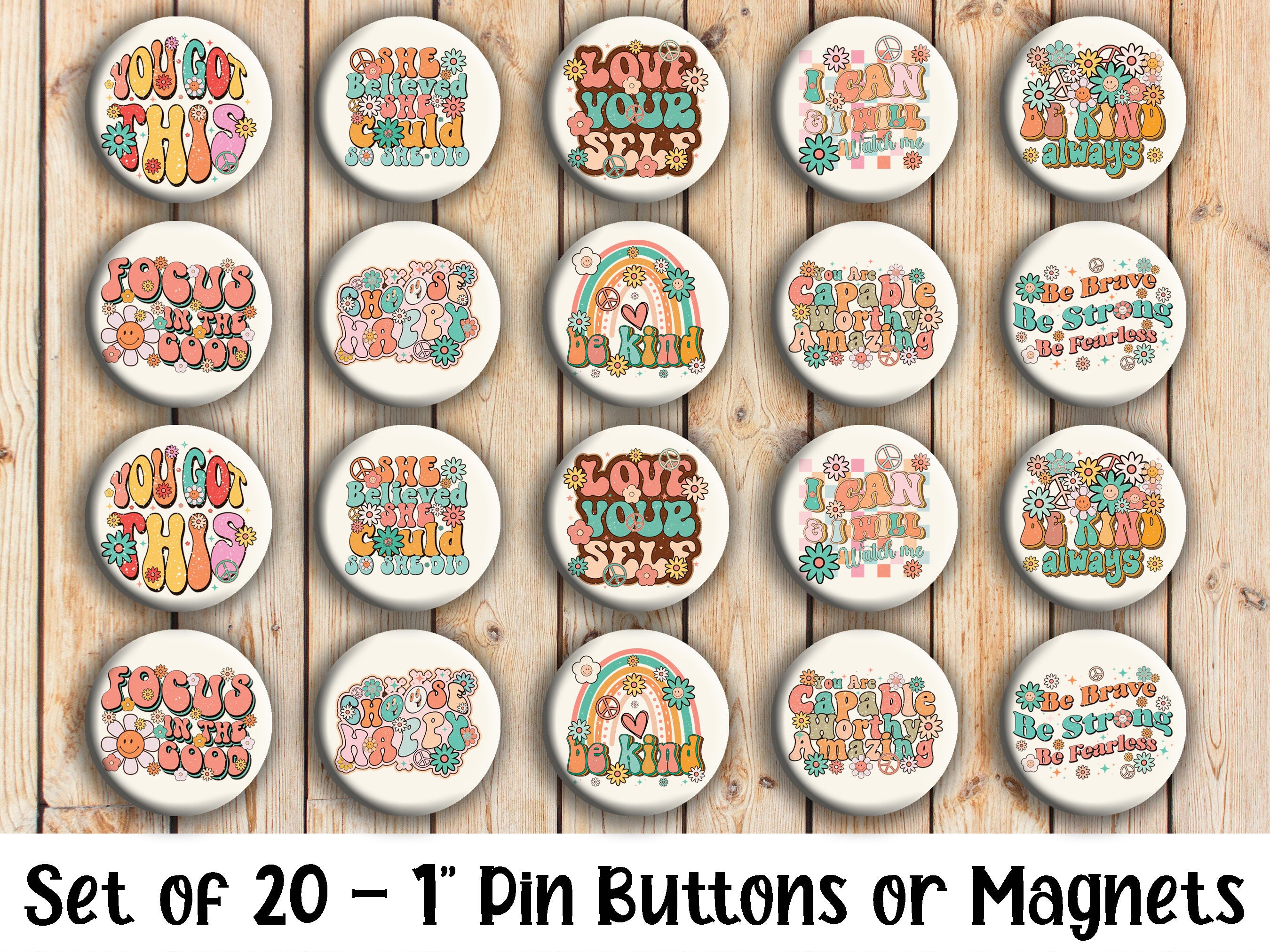 Retro Inspirational Pins - Set of 20 Buttons or Magnets - 1" or 1.25 ...