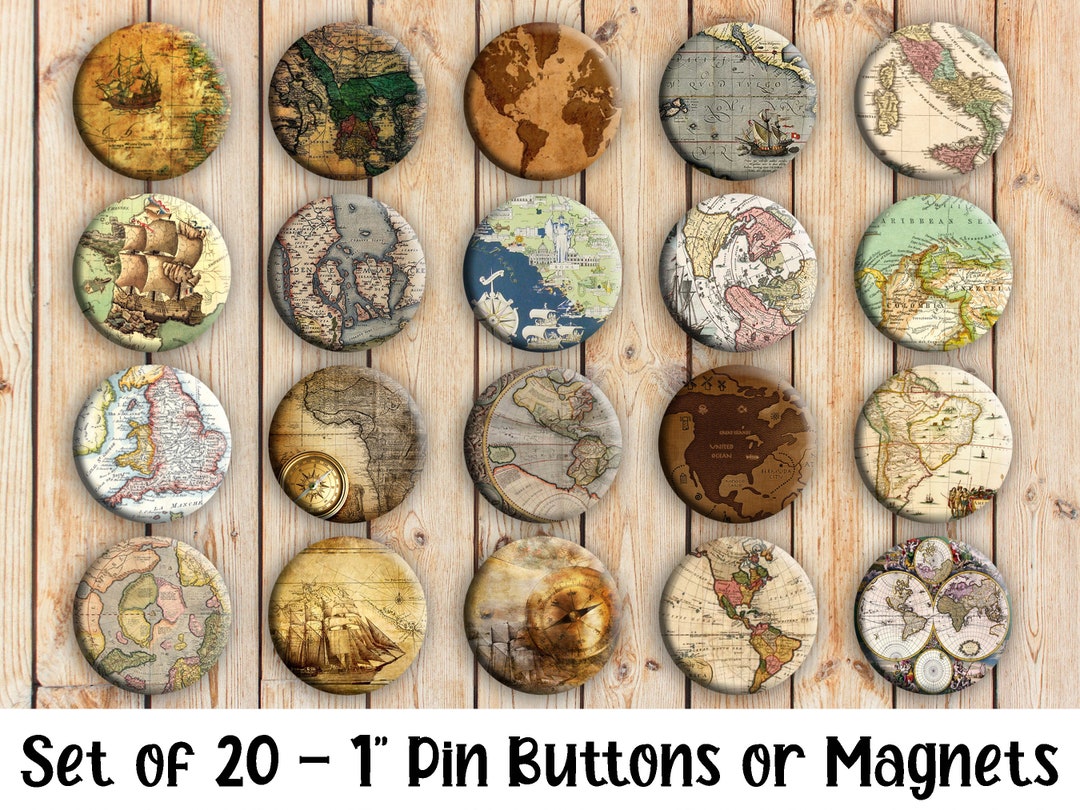 Antique Map Pins - Set of 20 Buttons or Magnets - 1" or 1.25" Pin ...