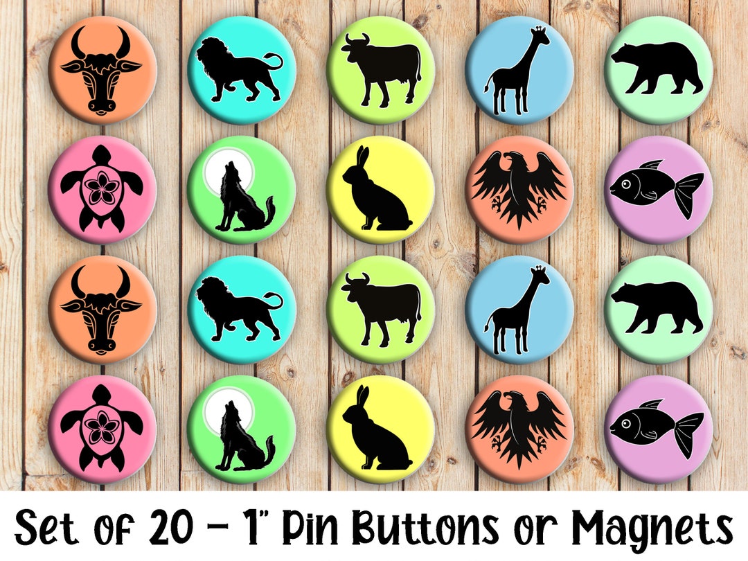 Animal Themed - Set of 20 Buttons or Magnets - 1" or 1.25" Pin Buttons ...