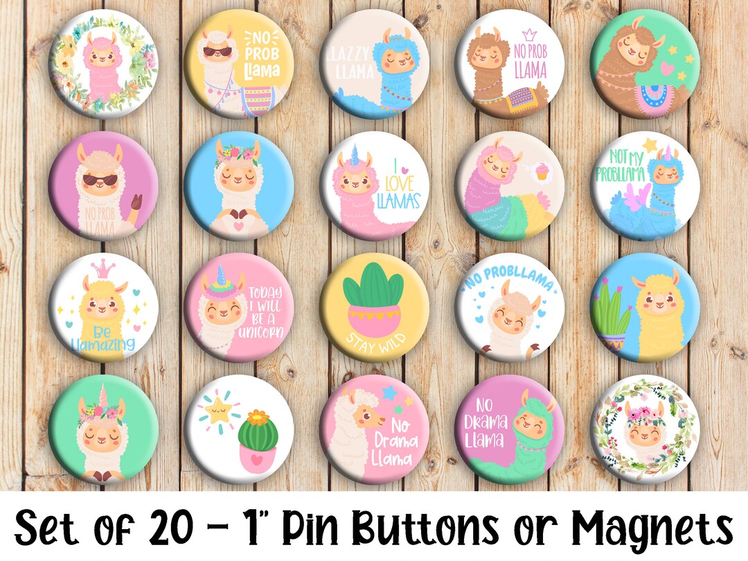 Llamas - Set of 20 Buttons or Magnets - 1" or 1.25" Pin Buttons or ...