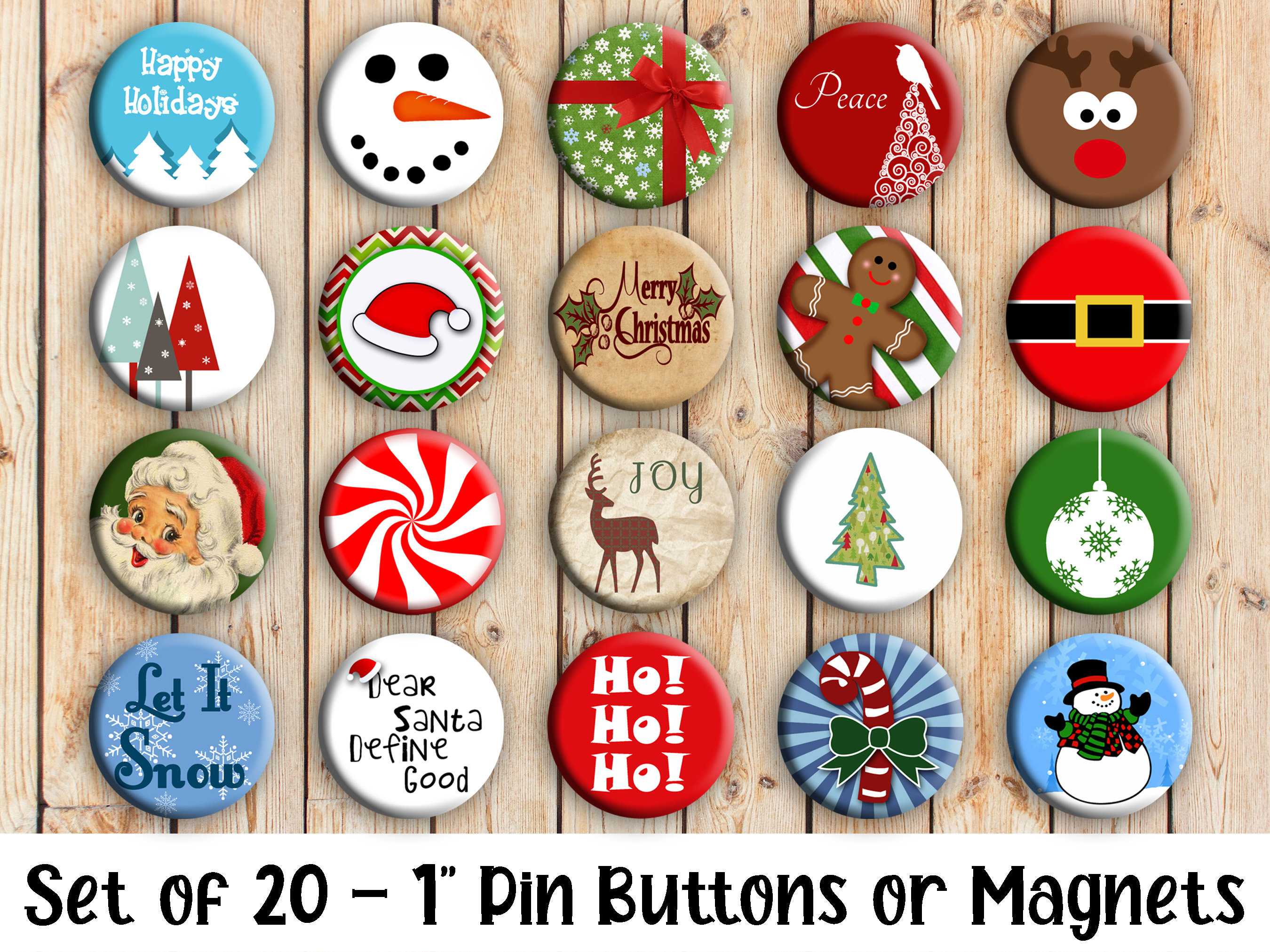 Christmas Pins Set of 20 Buttons or Magnets 1, 1.25 or 2.25 Pin Buttons ...