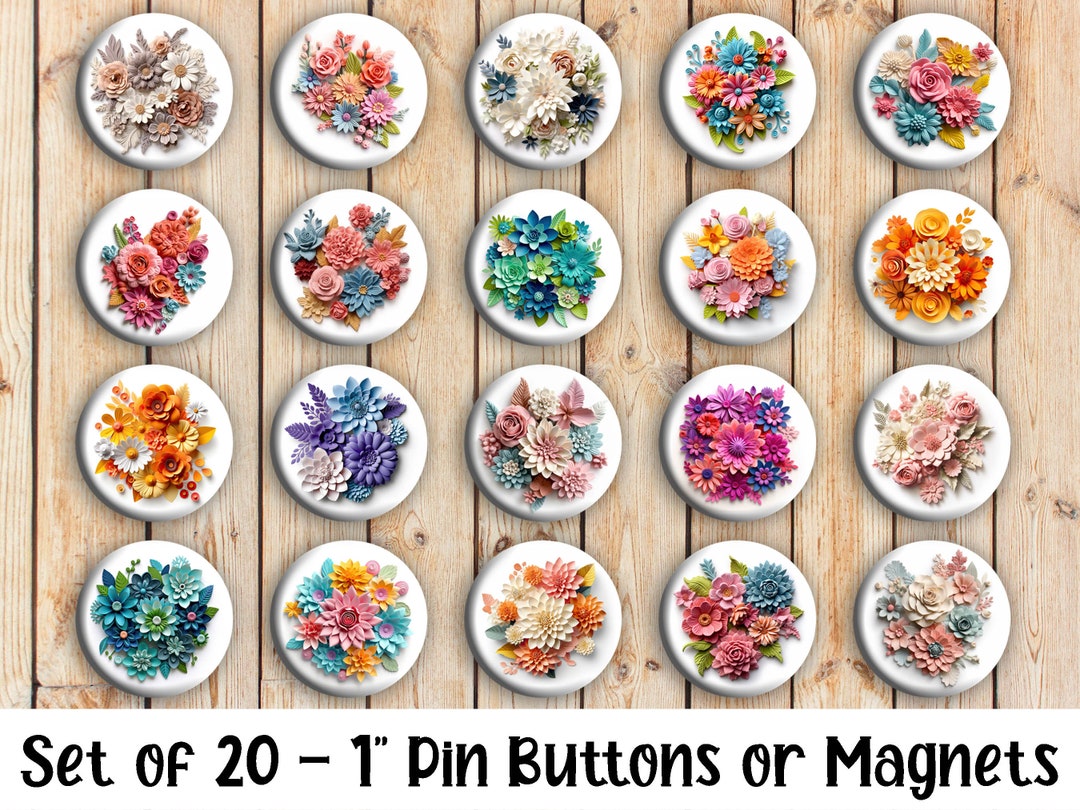 3D Flower Bouquets - Set of 20 Buttons or Magnets - 1" or 1.25" Pin ...