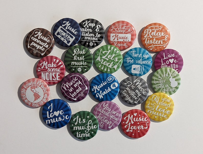 Music Themed Pins Set of 20 Buttons or Magnets 1, 1.25 or 2.25 Pin ...