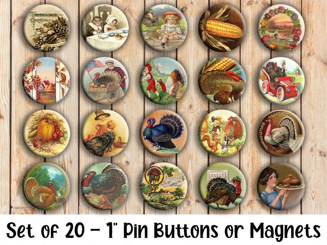 Vintage Thanksgiving Pins - Set of 20 Buttons or Magnets - 1" or 1.25 ...