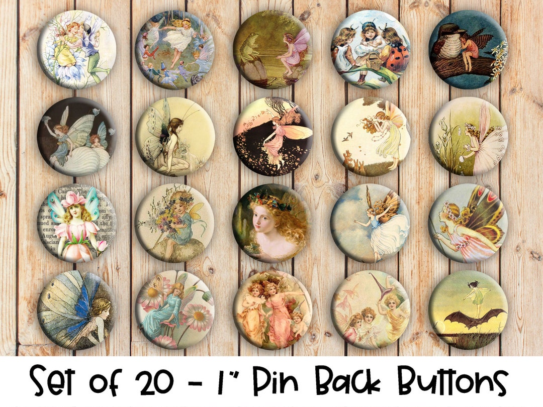 Vintage Fairy Pins - Set of 20 Buttons or Magnets - 1" or 1.25" Pin ...