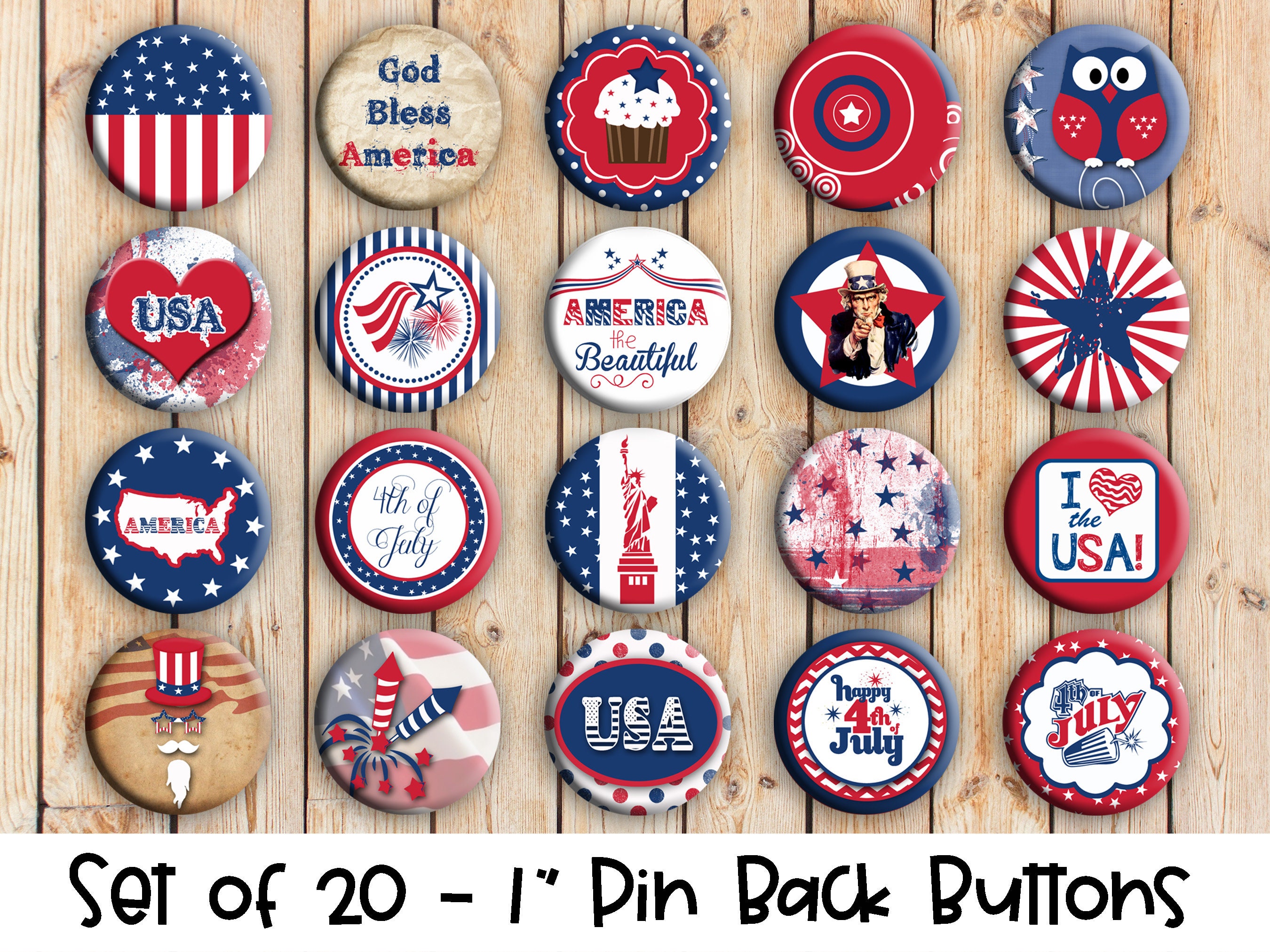 Patriotic Themed Pins Set of 20 Buttons or Magnets 1, 1.25 or 2.25 Pin ...
