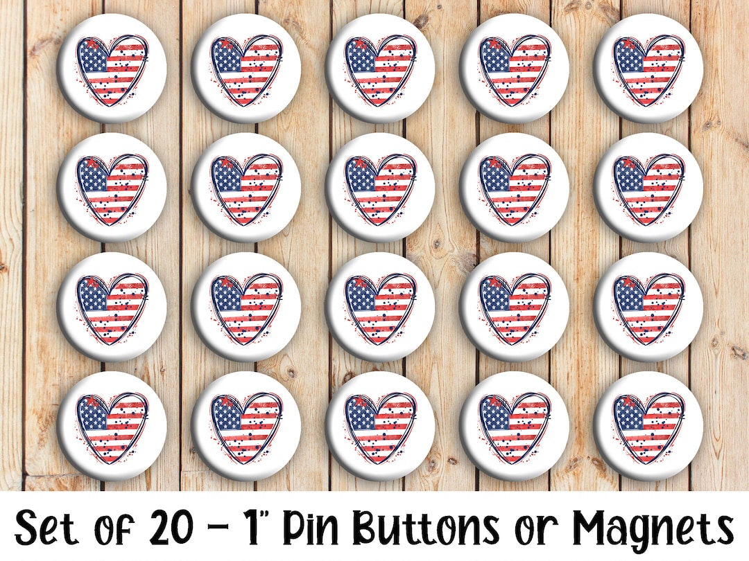 US Flag Heart Designs - Set of 20 Buttons or Magnets - 1" or 1.25" Pin ...