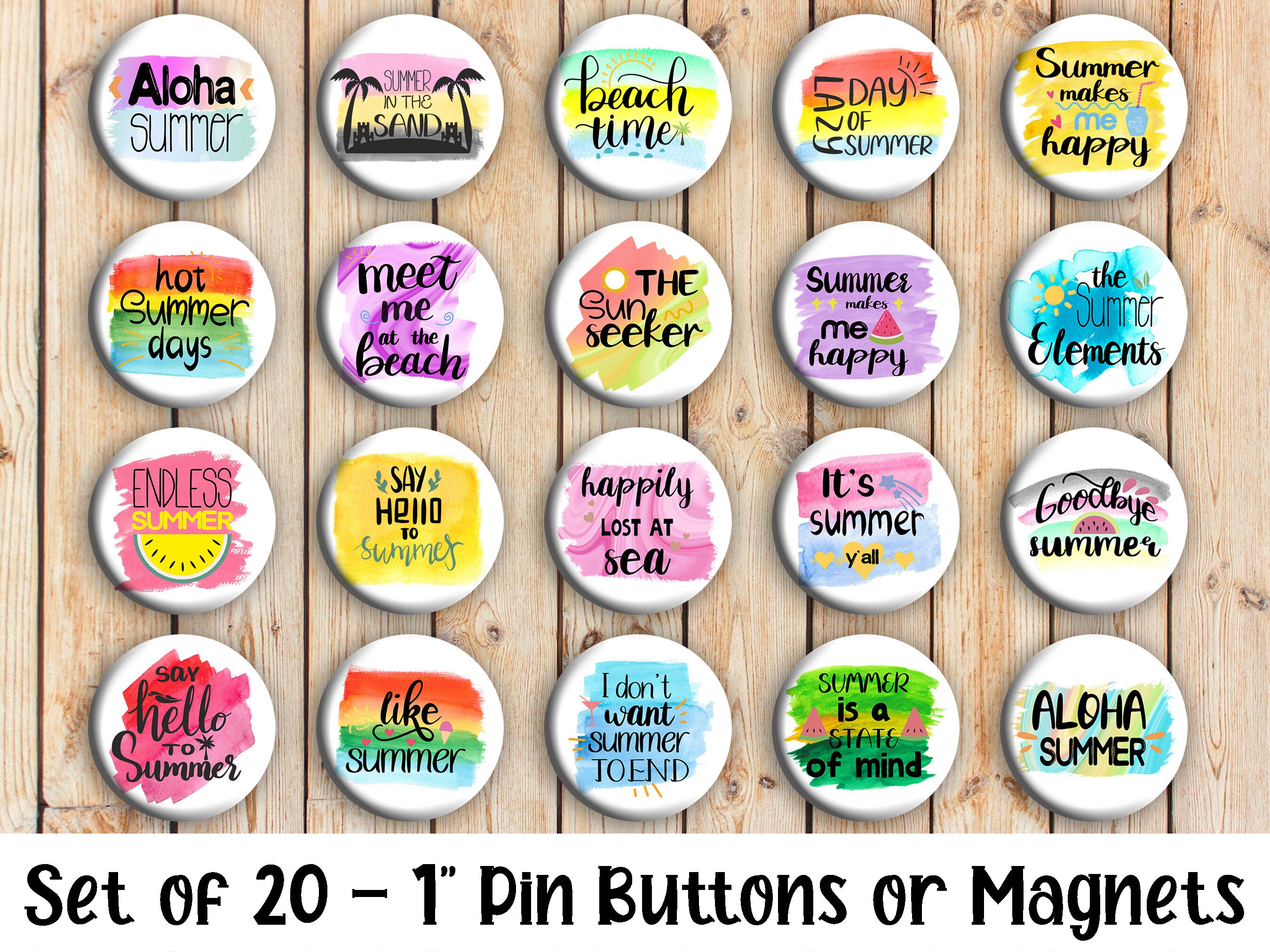 Summer Themed Pins Set of 20 Buttons or Magnets 1, 1.25 or 2.25 Pin ...