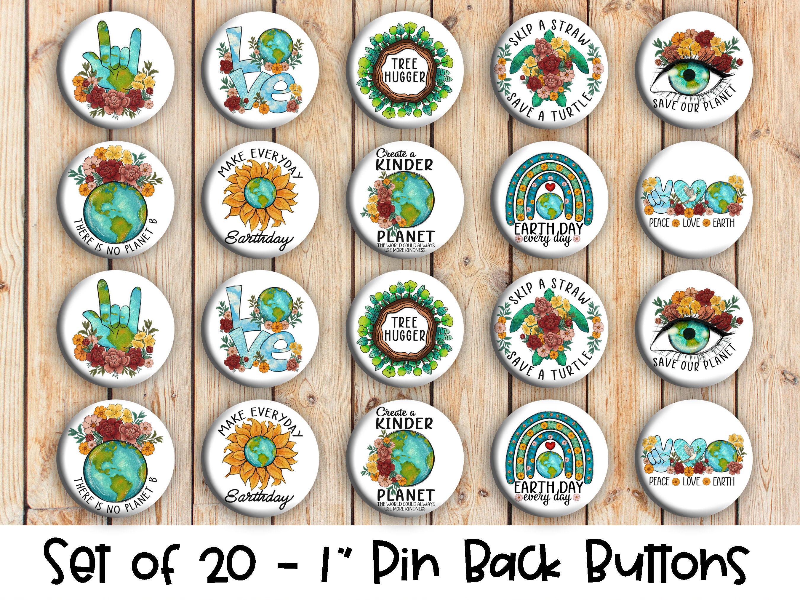 Earth Day Themed Designs Set of 20 Buttons or Magnets 1, 1.25 or 2.25 ...