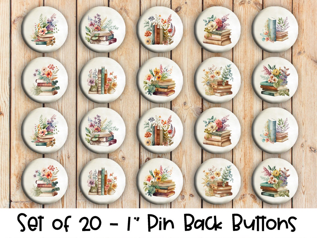 Books and Flowers - Set of 20 Buttons or Magnets - 1" or 1.25" Pin ...