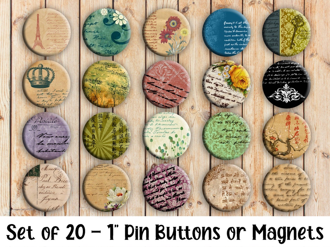 Vintage Handwriting Pins - Set of 20 Buttons or Magnets - 1" or 1.25 ...