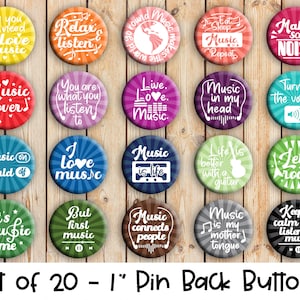 Music Themed Pins - Set of 20 Buttons or Magnets - 1" or 1.25" Pin ...