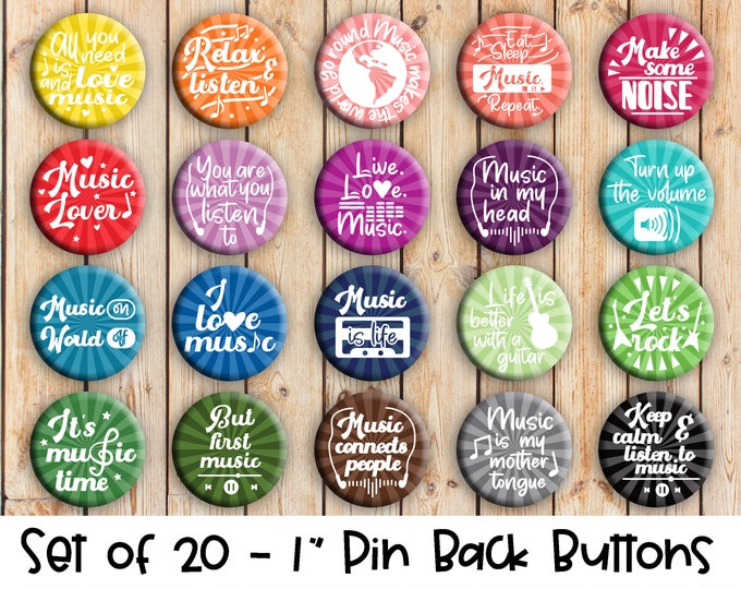 Music Themed Pins - Set of 20 Buttons or Magnets - 1", 1.25" or 2.25 ...