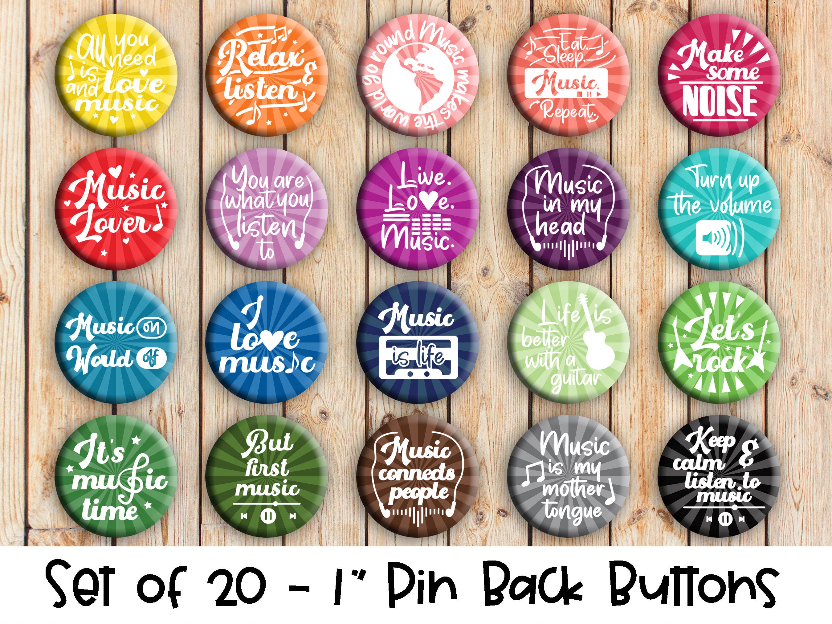 Music Themed Pins Set of 20 Buttons or Magnets 1, 1.25 or 2.25 Pin ...