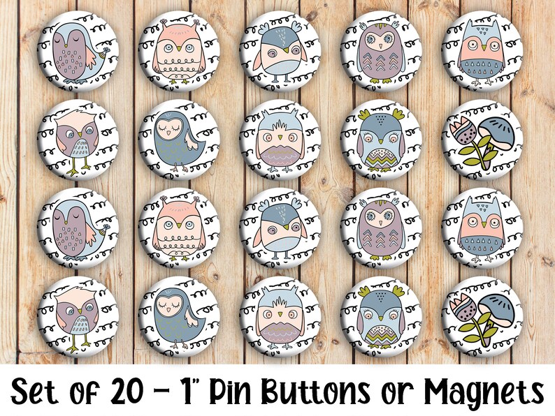 Boho Owls - Set of 20 Buttons or Magnets - 1" or 1.25" Pin Buttons or ...