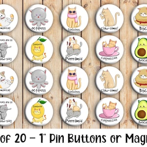 Cat Pun Pins - Set of 20 Buttons or Magnets - 1" or 1.25" Pin Buttons ...
