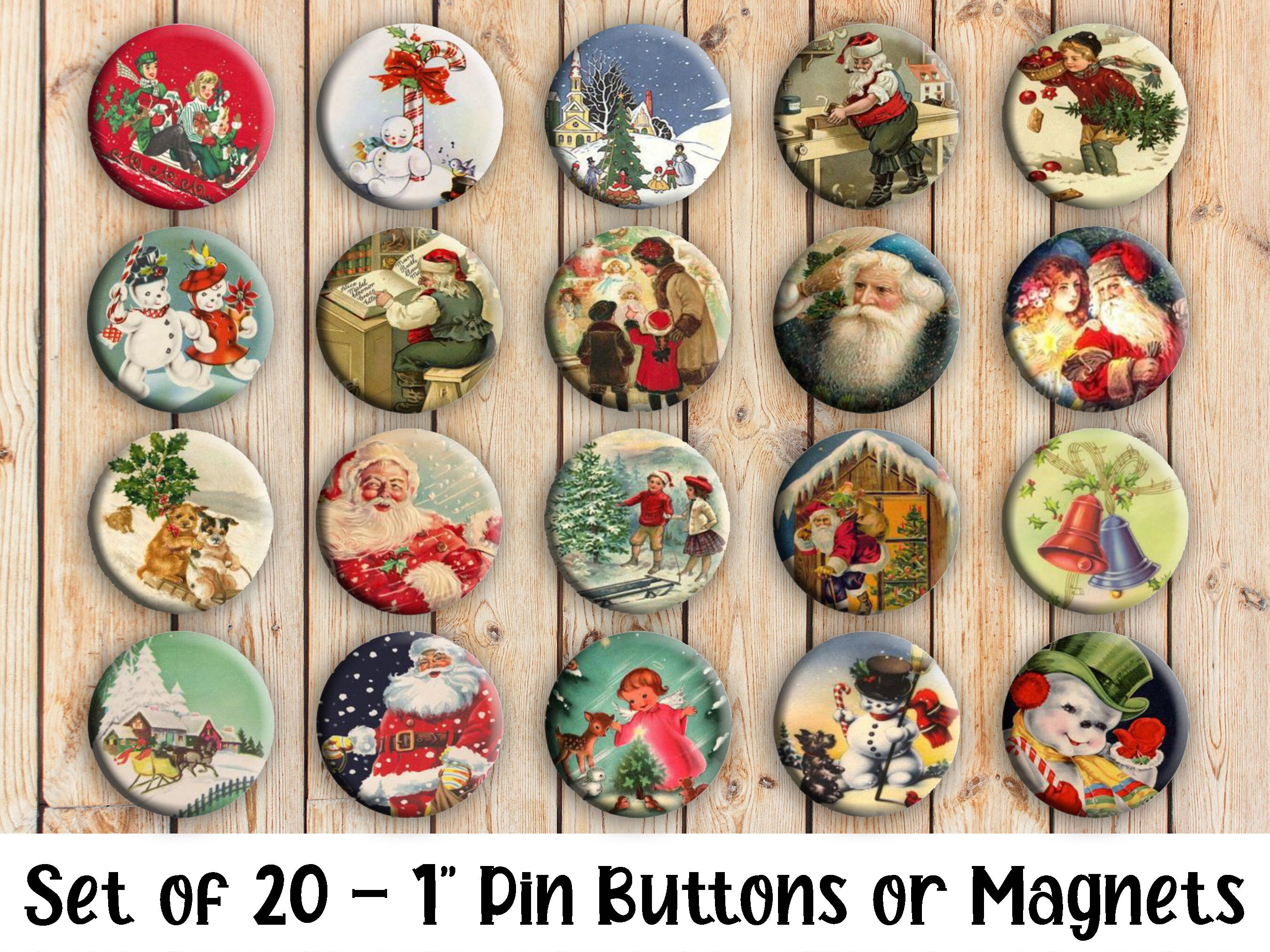 Vintage Christmas Pins Set of 20 Buttons or Magnets 1, 1.25 or 2.25 Pin ...
