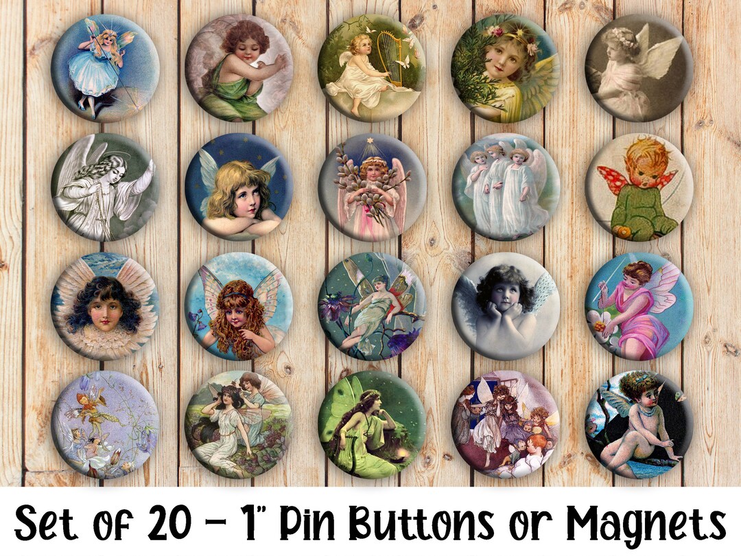 Vintage Angels and Fairy Pins - Set of 20 Buttons or Magnets - 1" or 1. ...