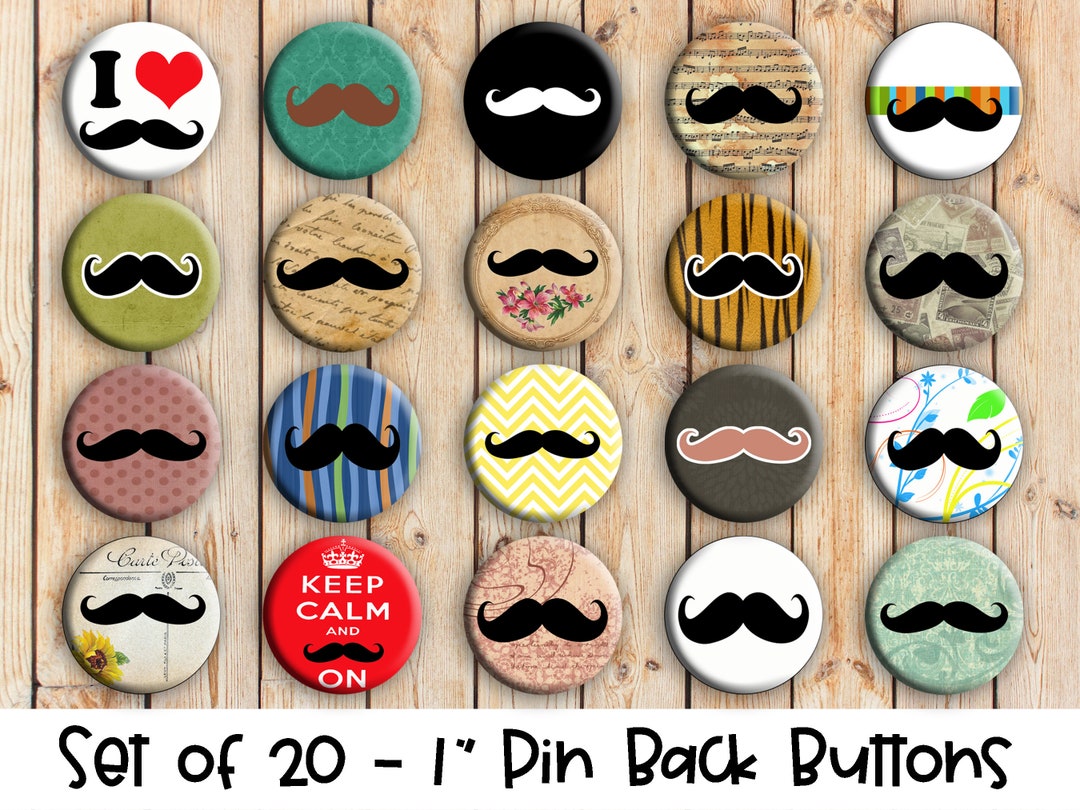 Mustache Designs - Set of 20 Buttons or Magnets - 1" or 1.25" Pin ...
