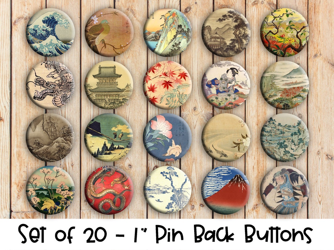 Japanese Art Designs - Set of 20 Buttons or Magnets - 1" or 1.25" Pin ...