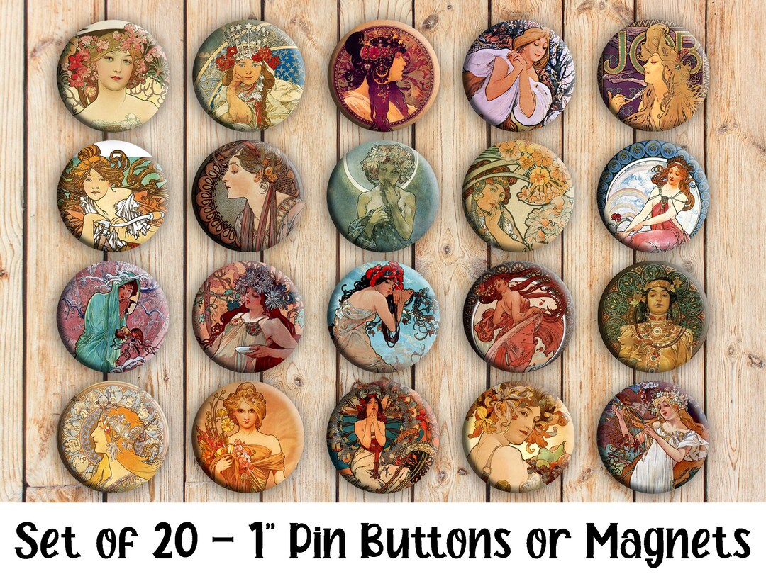 Alphonse Mucha Designs - Set of 20 Buttons or Magnets - 1" or 1.25" Pin ...