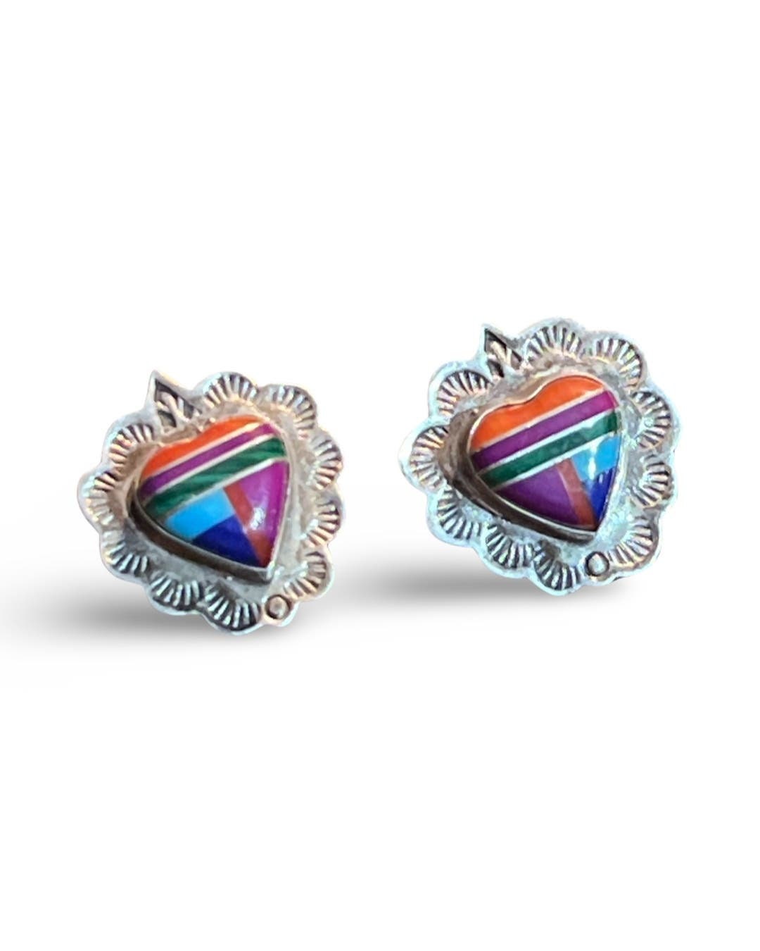 Native American Multi Stone Inlaid Heart Stud Earrings Turquoise Coral ...
