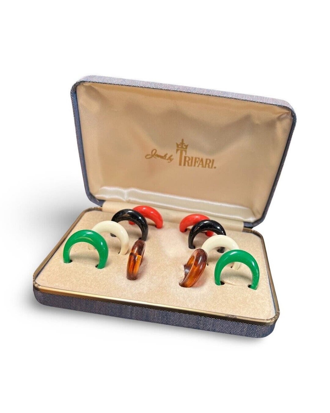 Vintage Jewels by Crown Trifari Ring Set Original Box 10 Colorful Rings ...