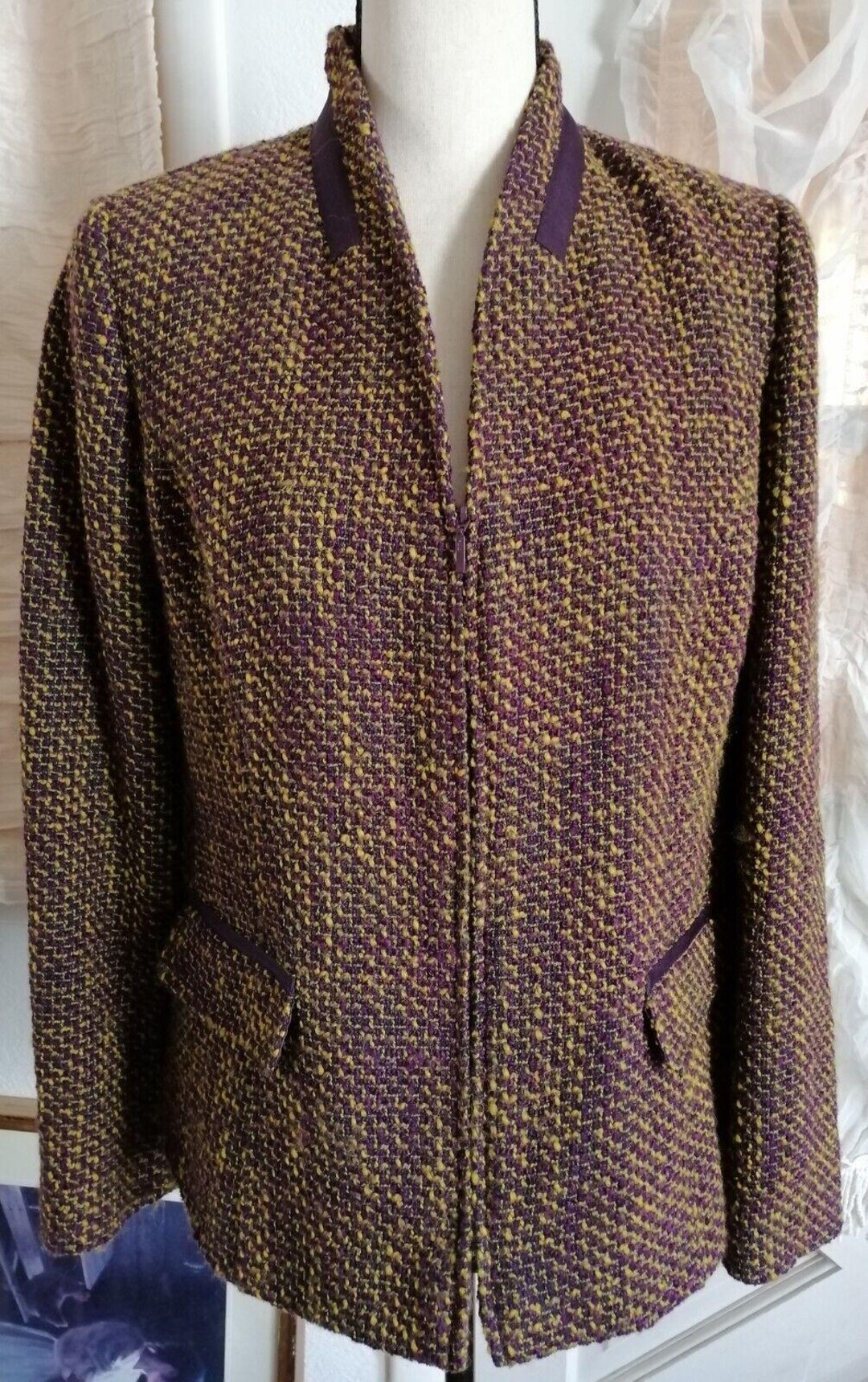 Pendleton Wool Blend Tweed Jacket Blazer Zip Purple Gold Yellow Women ...