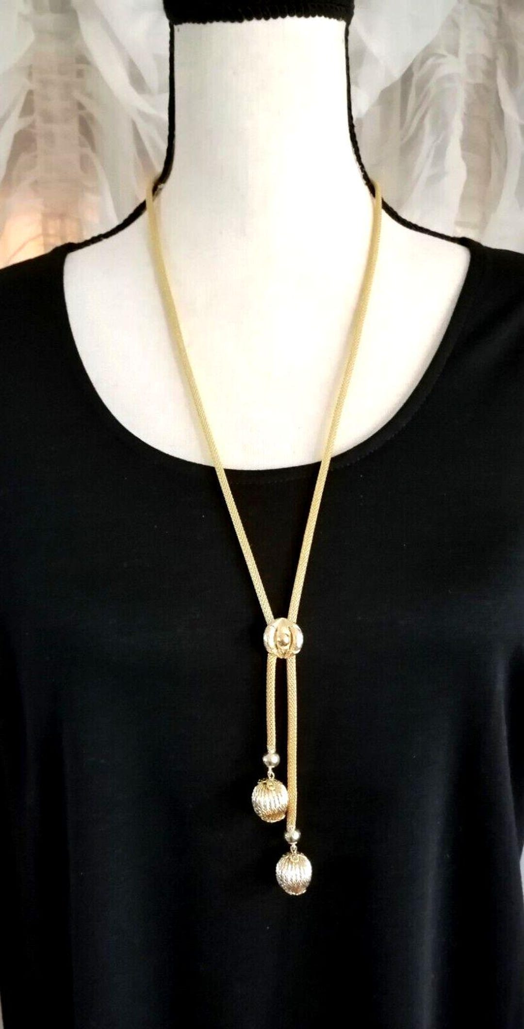 Vintage Coro Gold Tone Mesh Chain Lariat Texture Dangling Balls ...