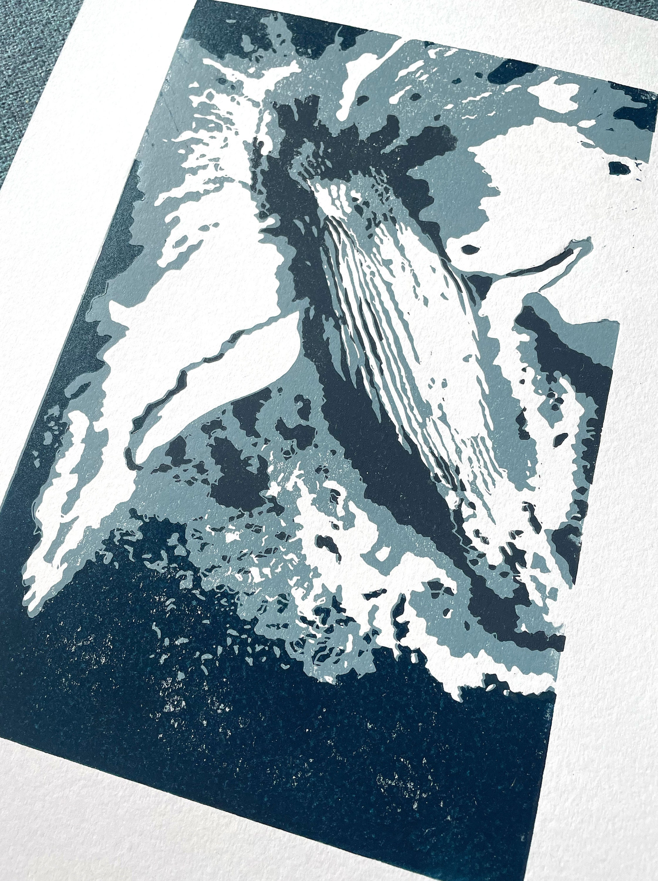 Humpback Two Layer Reduction Lino Print, Hand Printed in London. - Etsy