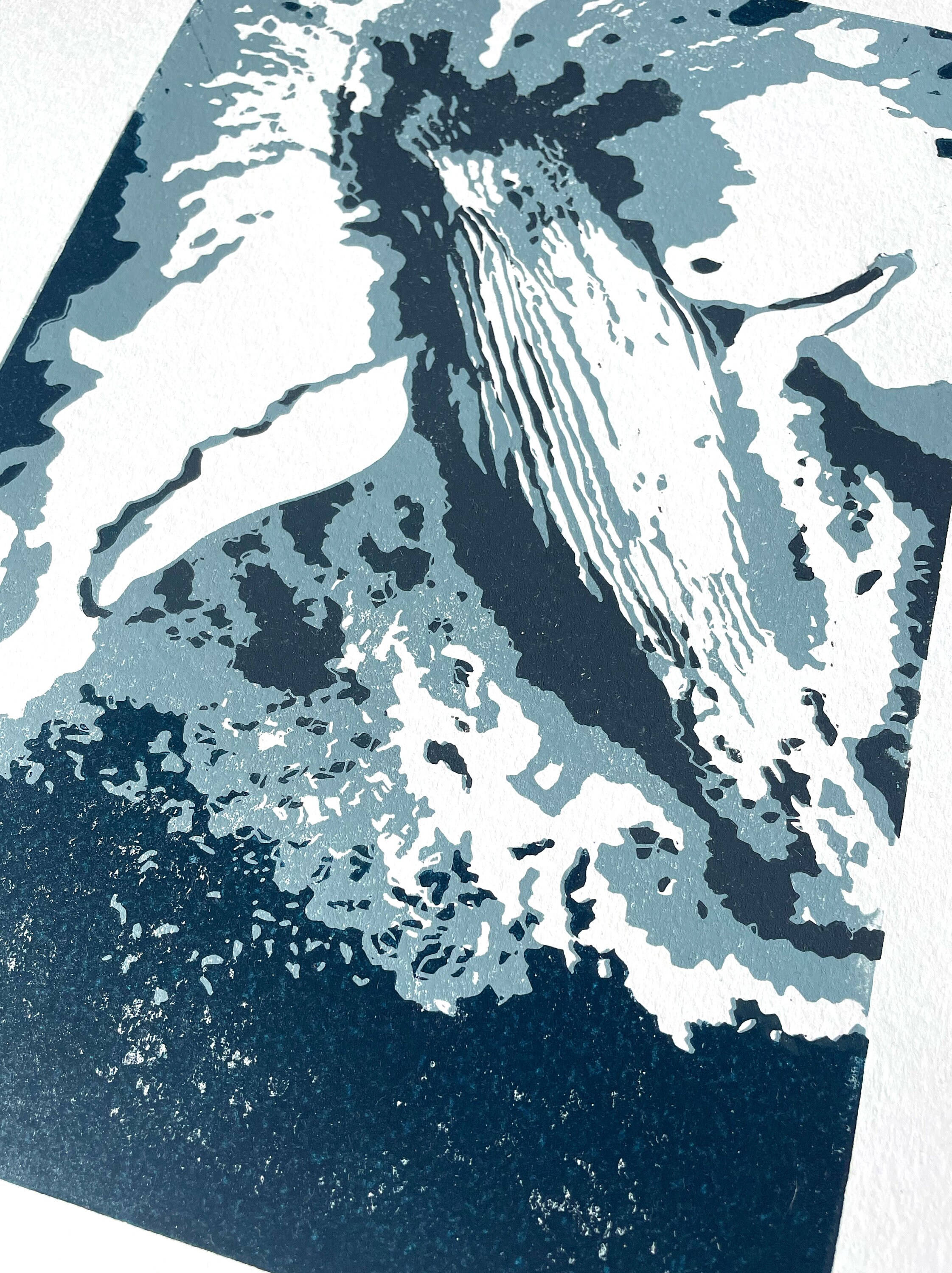Humpback Two Layer Reduction Lino Print, Hand Printed in London. - Etsy