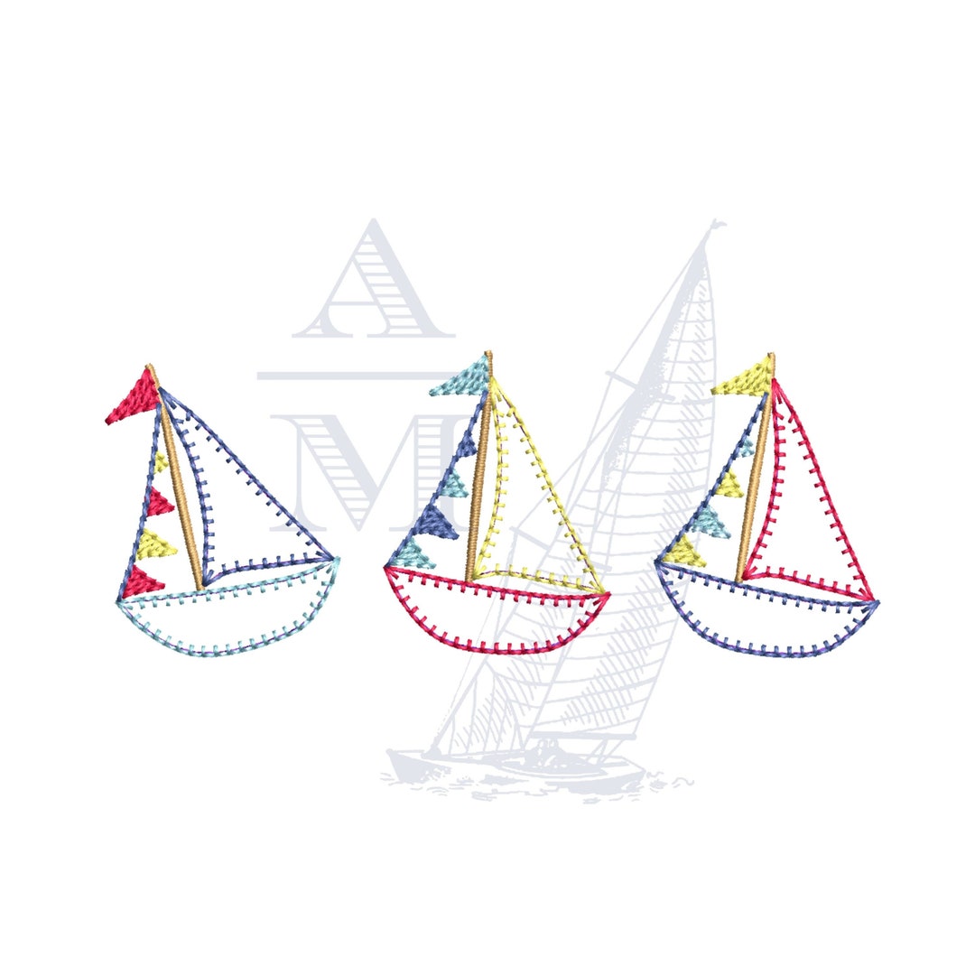 Boat Trio Applique Embroidery Design With Blanket Stitch Vintage Finish ...