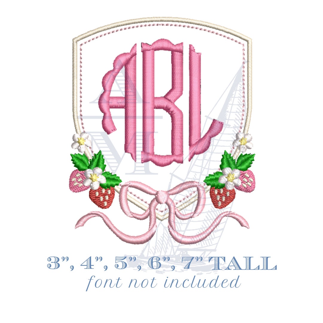 Strawberry Crest Monogram Frame Embroidery Design With Bow and Flowers ...