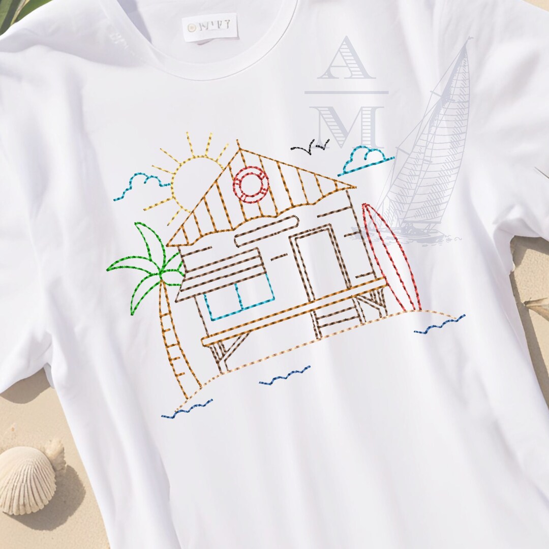 Summer Surfer Lifeguard Shack Embroidery Design With Palm Tree, Sun ...