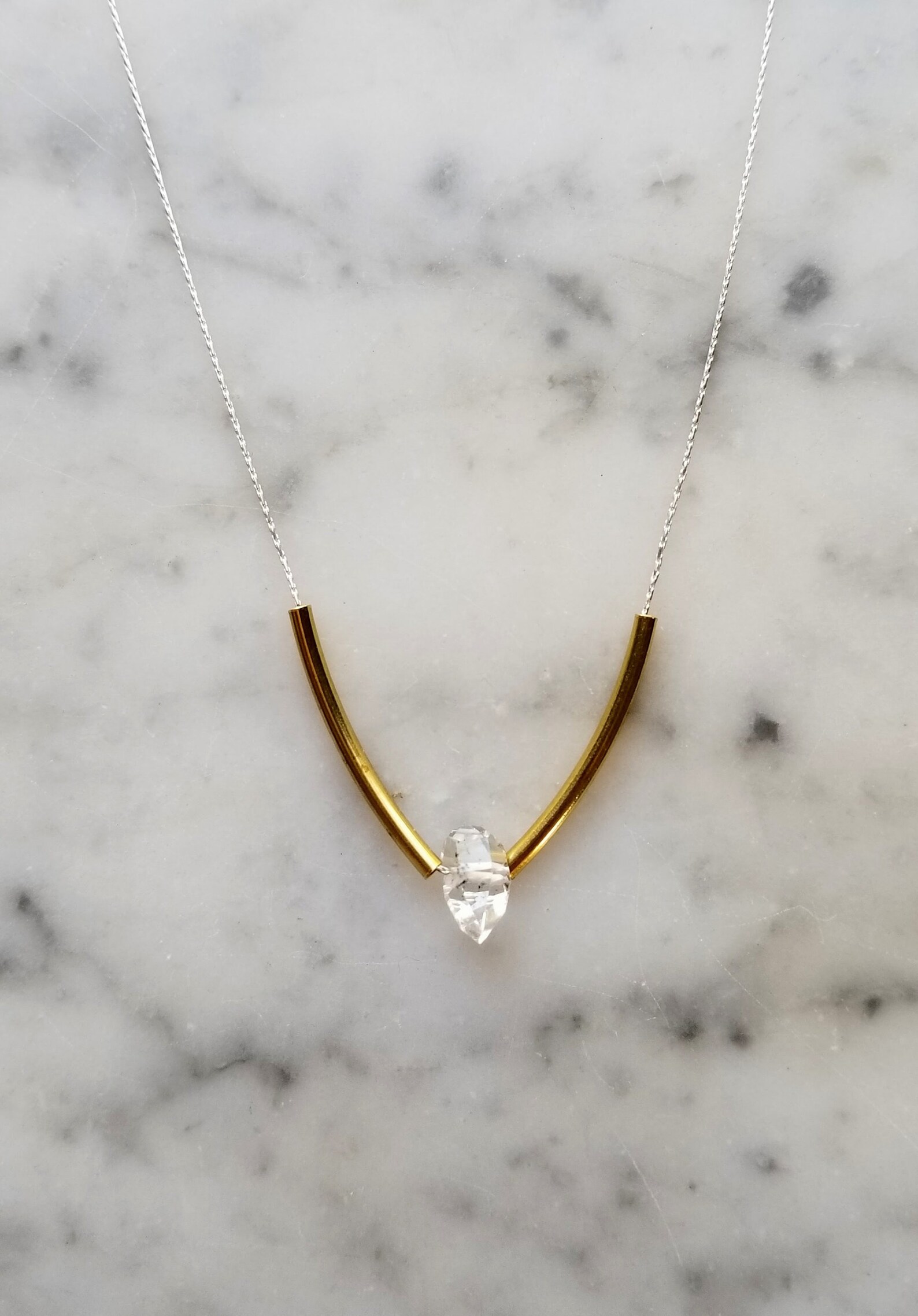 Mixed Metal Orbit Necklace Brass Tube on Silver Chain With Pyrite ...