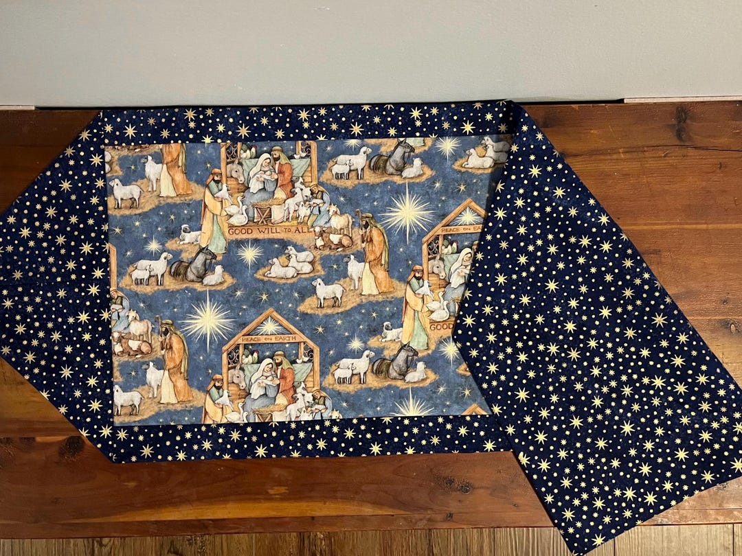 Nativity Table Runner, Christmas Table Runner, Navy and Gold Table ...