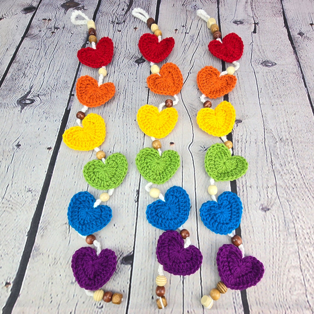 Crochet Hanging Vertical Rainbow Heart Garland, Pride Rainbow Hearts ...