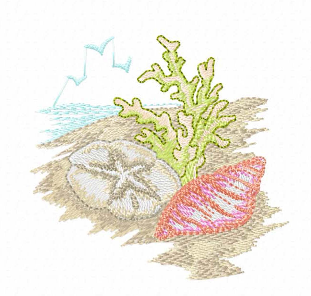 Seashells Machine Embroidery Design - Sand Dollar, Coral & Conch Shells ...