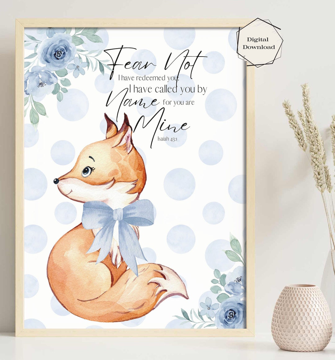 Watercolor Fox Art Print, Fear Not Inspirational Quote, Isaiah 43:1 ...