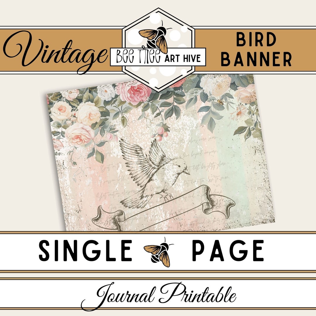 Printable Journal Scrapbook Paper Vintage Bird Banner, Flower Digital ...