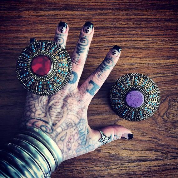 Huge “double finger” Kuchi rings with colored stones. - Gem