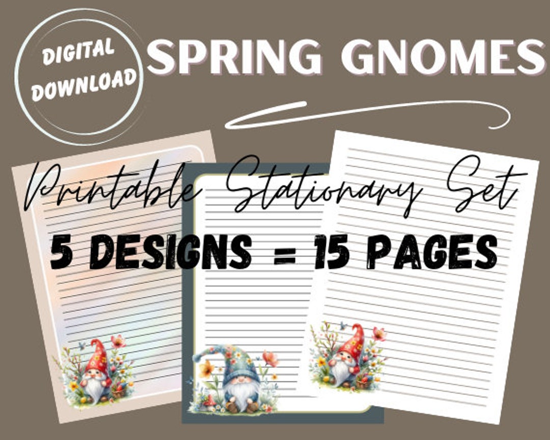 Spring Gnomes Stationary Set, Garden Gnomes, Digital Download, Lined Writing Paper, Letter ...