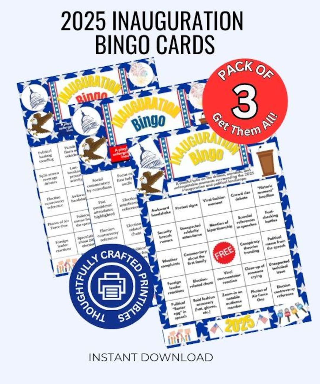 2025 Inauguration Bingo Cards 3 PACK Political Bingo, Election Scandal ...
