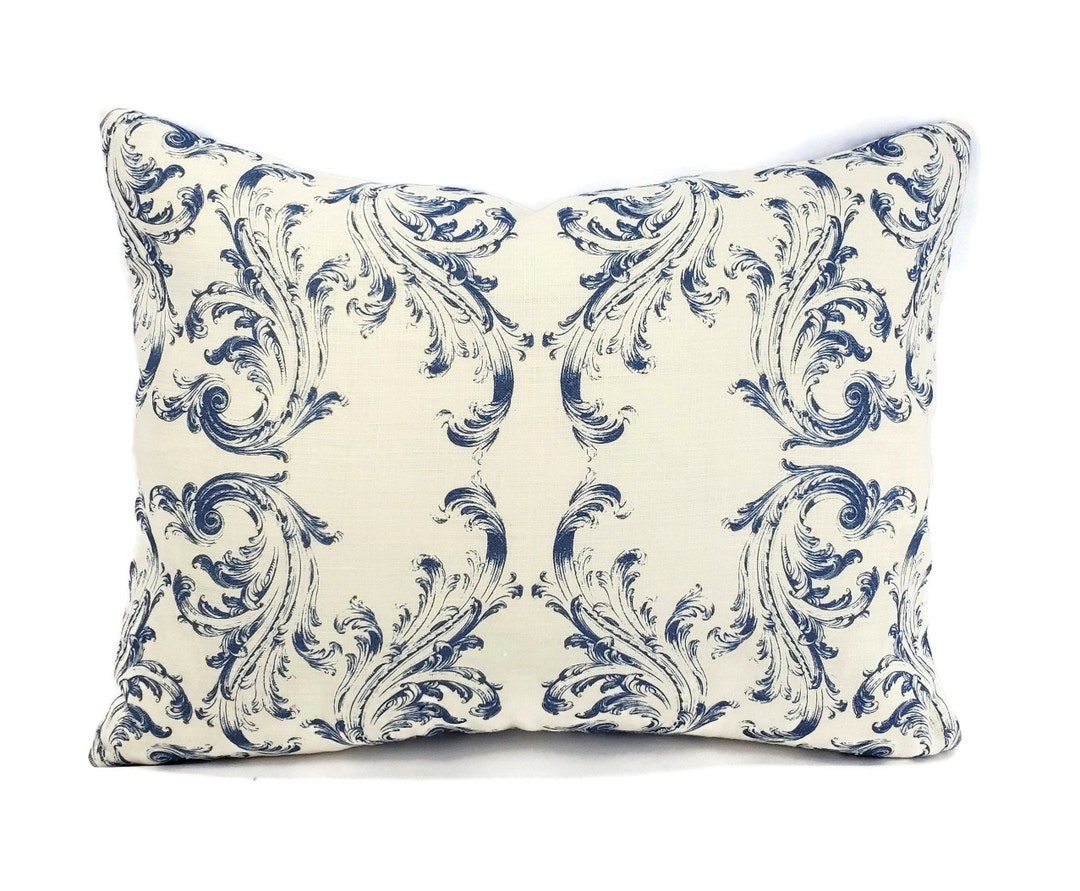 Blue Scroll Pattern on White Linen Large Lumbar Pillow Cover - 17" X 22 ...