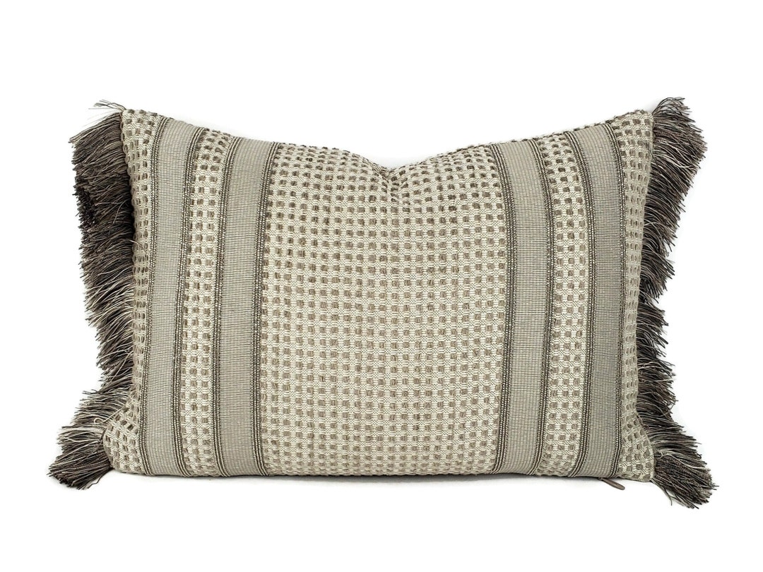 12" X 17" Gray Check Chenille With Metal Trim and Fringe Embellished ...
