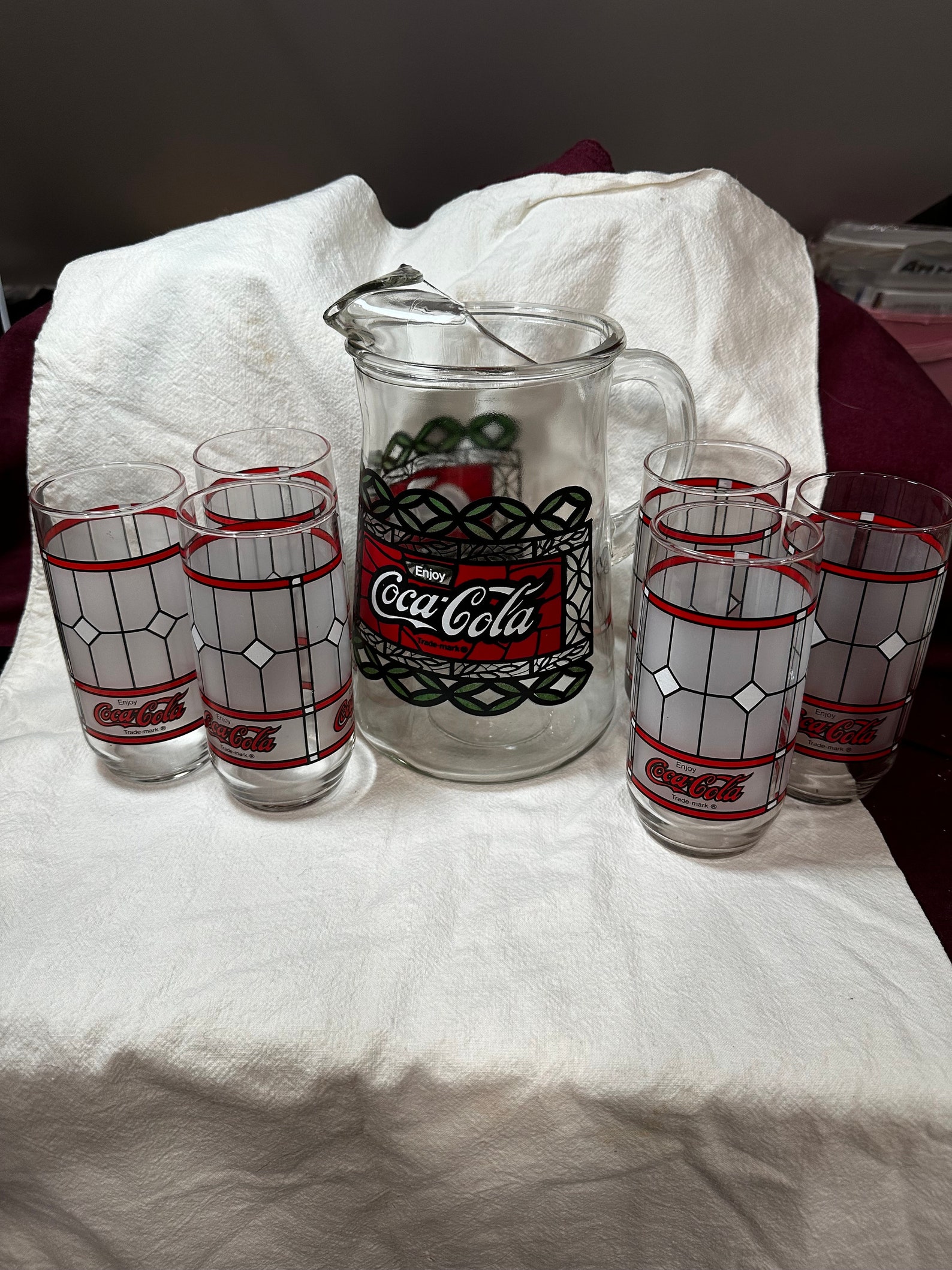Vintage 1970s Coca Cola Glass Pitcher 9.5 Tall and SIX Matching Glasses ...