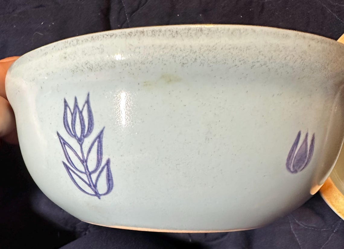 Vintage Cronin Pottery Bake Oven Blue Tulip Lidded Casserole Dish With ...